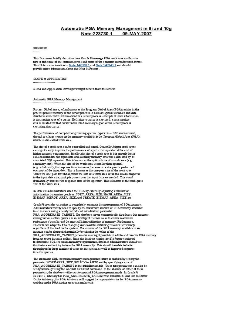 Automatic Pga Memory Managment In 9i And 10g Pdf Parameter Computer Programming Databases