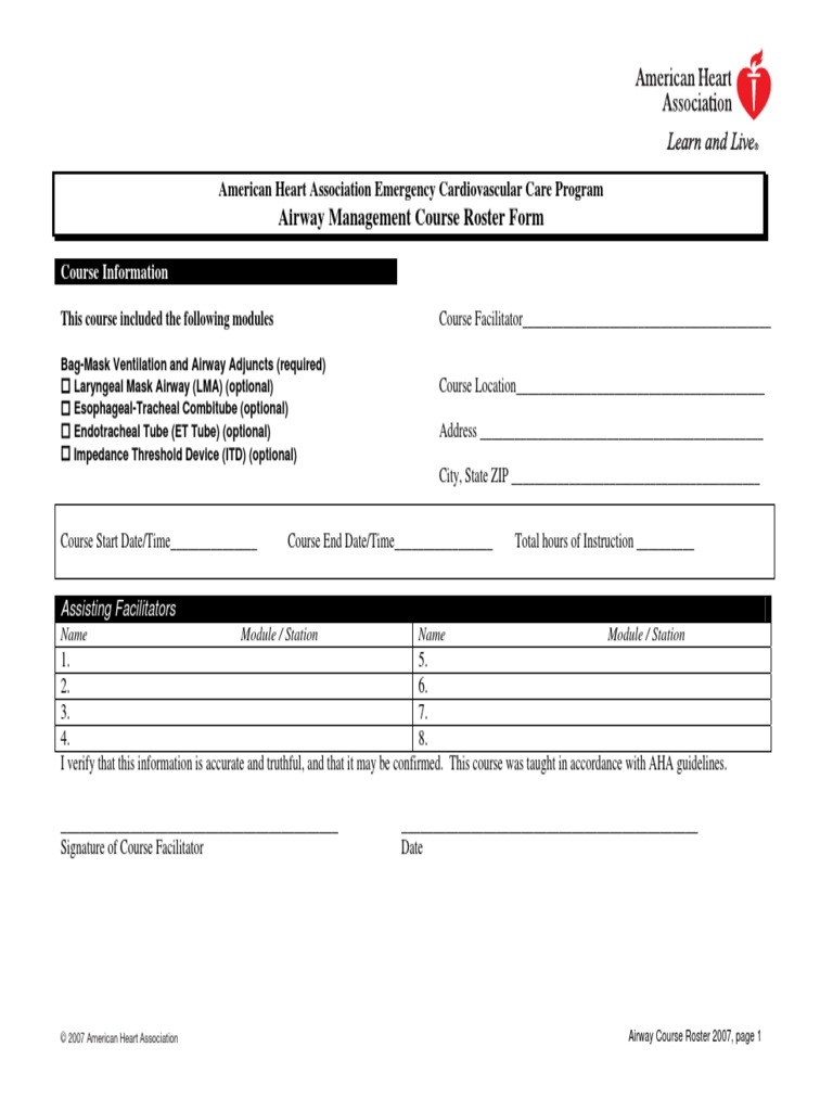 Airway Management Course Roster Form: American Heart Association ...