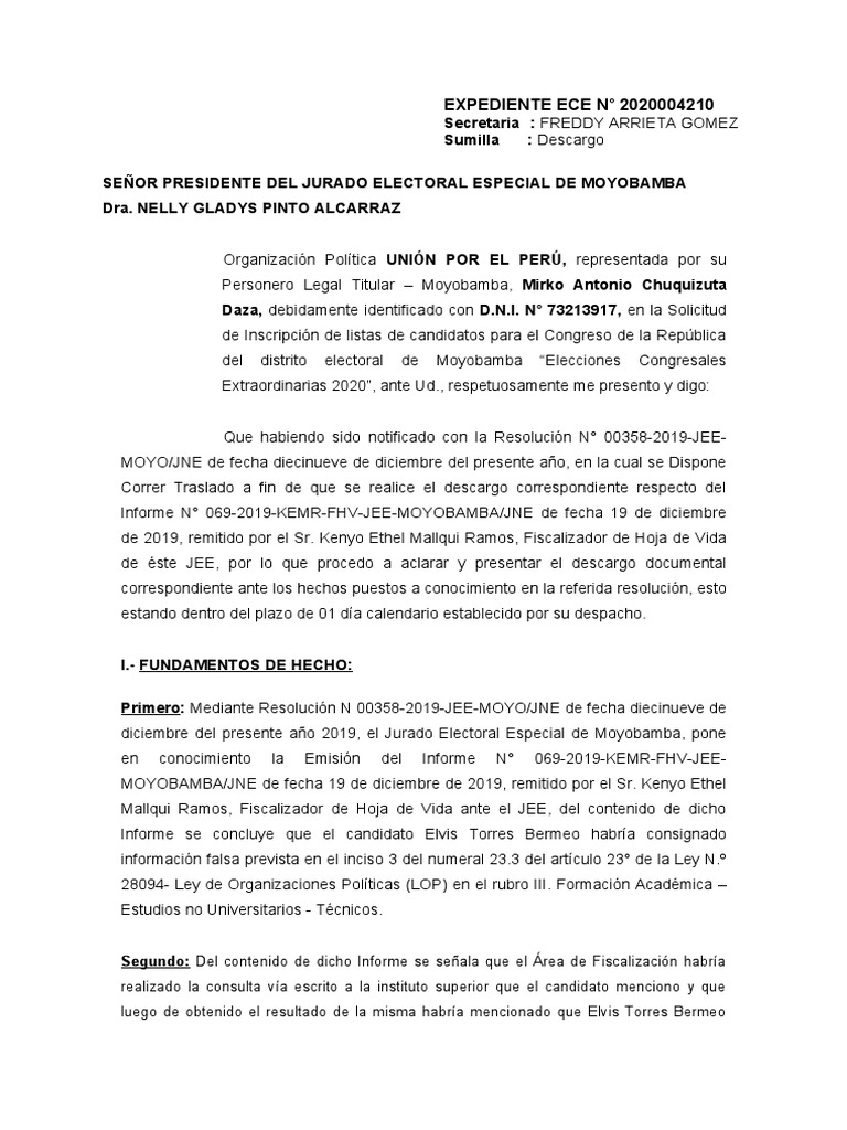 Descargo Elvis Torres | PDF | Gobierno | Elecciones