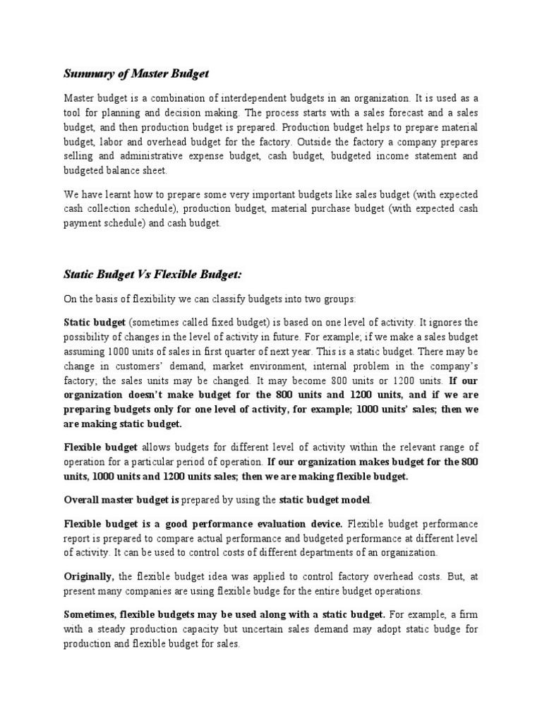 Summary of Master Budget | PDF | Budget | Sales