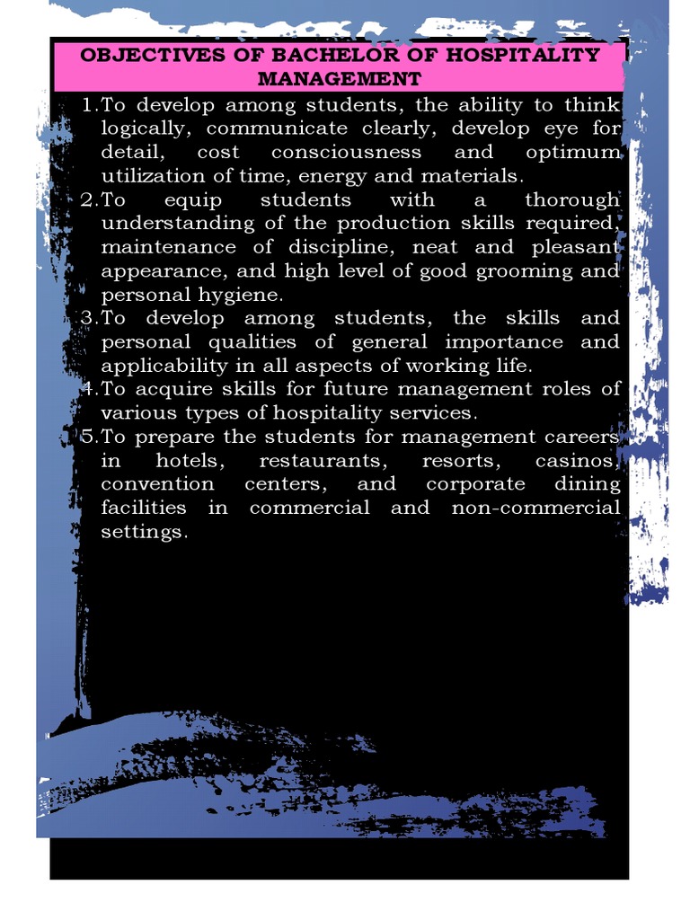Objectives of Bachelor of Hospitality Management | PDF