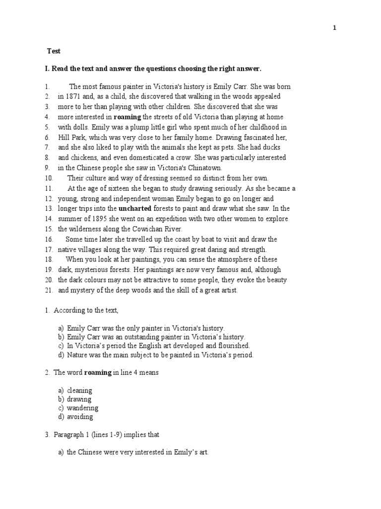 Test I. Read The Text and Answer The Questions Choosing The Right ...