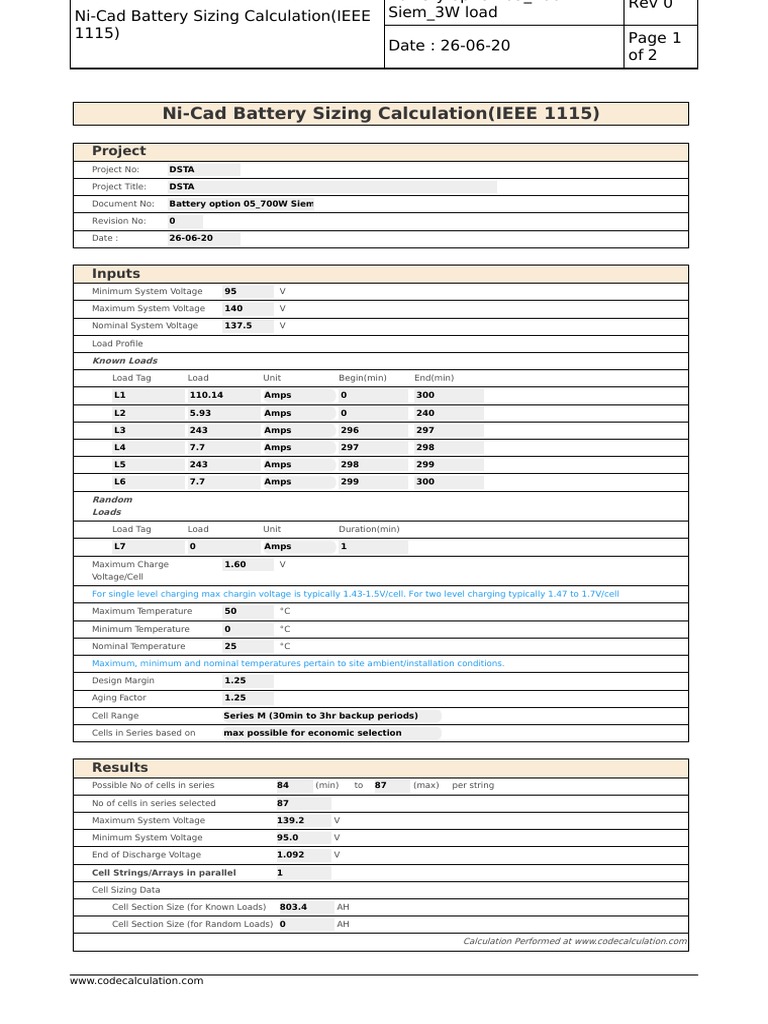 Ni-Cad Battery Sizing Calculation (IEEE 1115) : Project | PDF | Battery ...