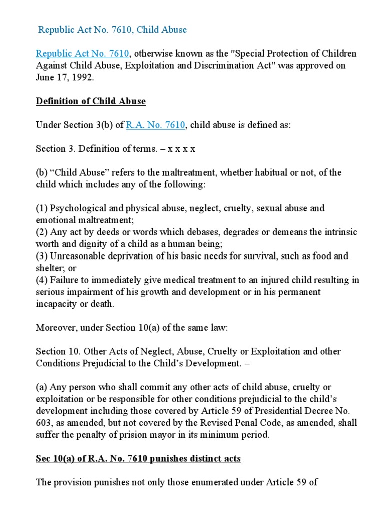 Republic Act No 7610 Child Abuse | PDF | Psychological Abuse | Child Abuse