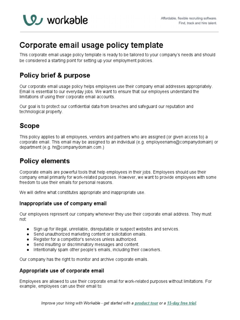 Corporate Email Usage Policy Template | PDF | Password | Malware