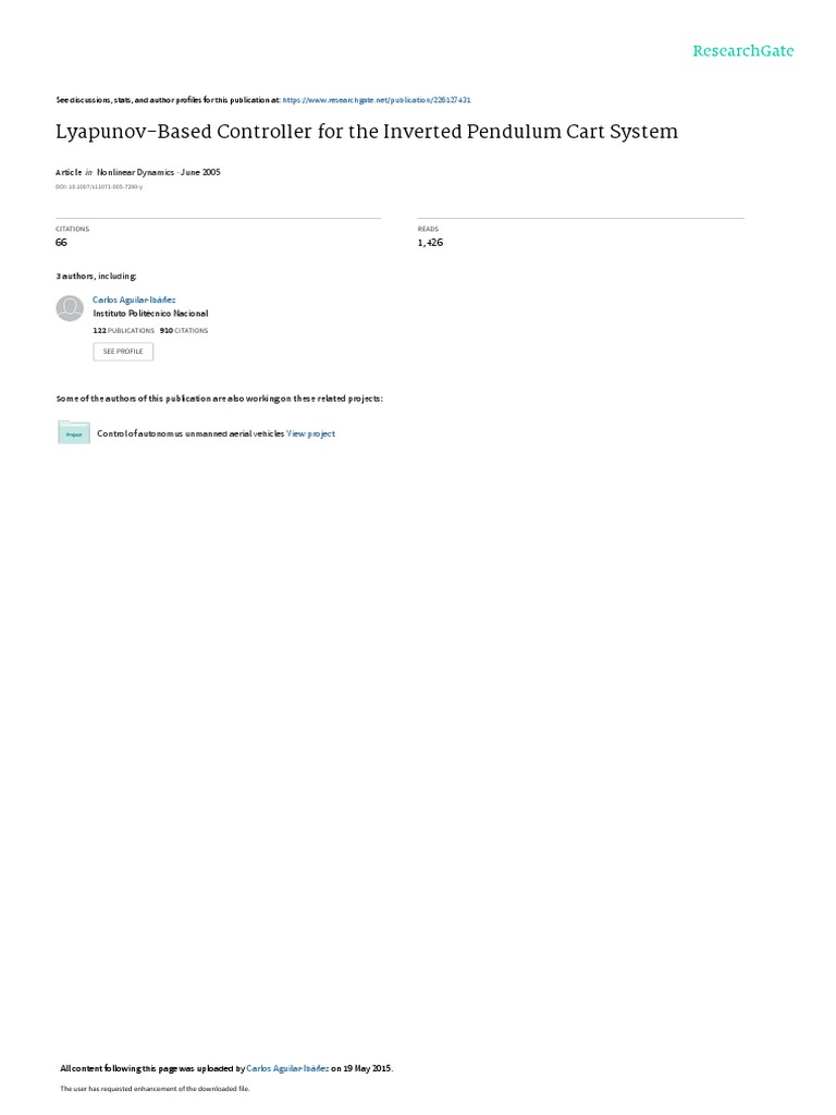 Lyapunov-Based Controller For The Inverted Pendulum Cart System | Download Free PDF | Control ...