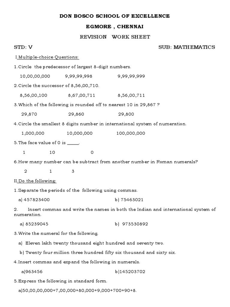 Revision Work Sheet STD: V Sub: Mathematics | Download Free PDF | Numbers | Encodings