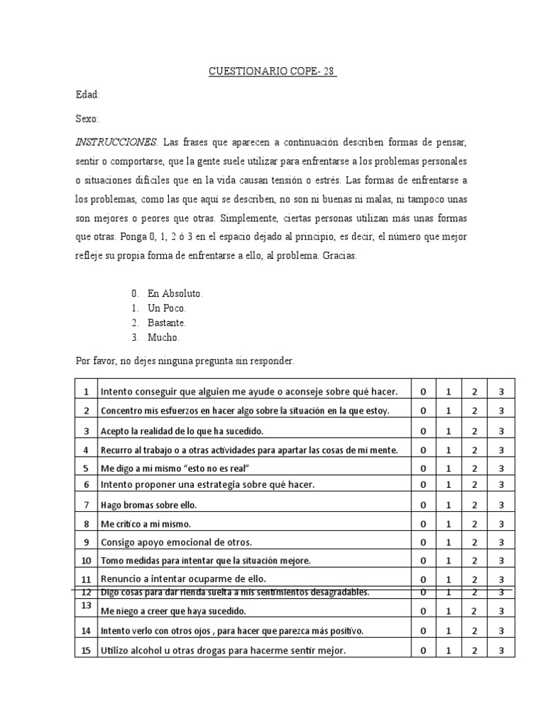 Cuestionario Cope 28 para Responder | PDF | Conceptos psicologicos ...