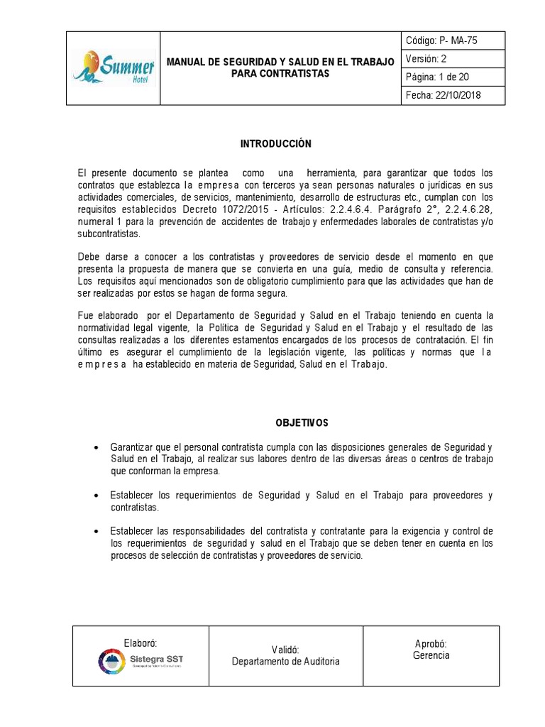 2.10.1 Manual de SST para Contratistas PDF | PDF | Derecho laboral | Seguridad y salud ocupacional