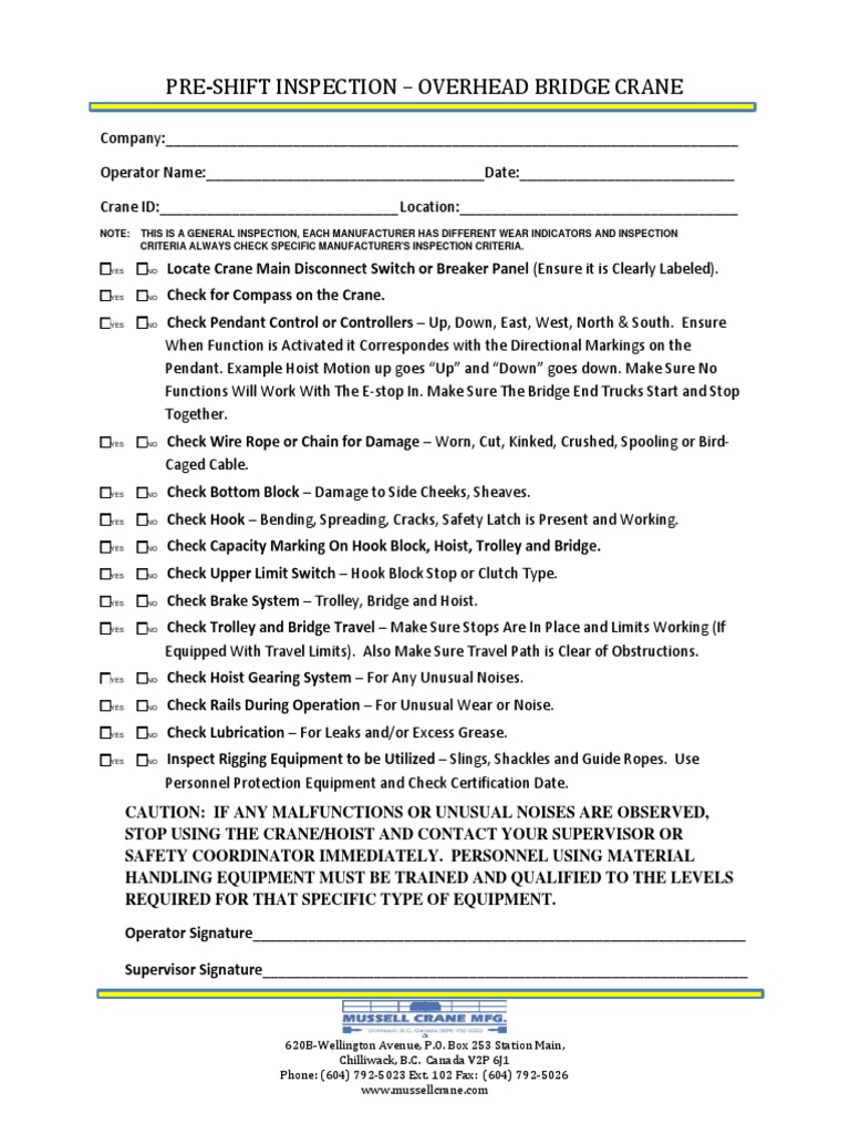 Overhead Crane Pre Shift Inspection Pdf Crane Machine Equipment