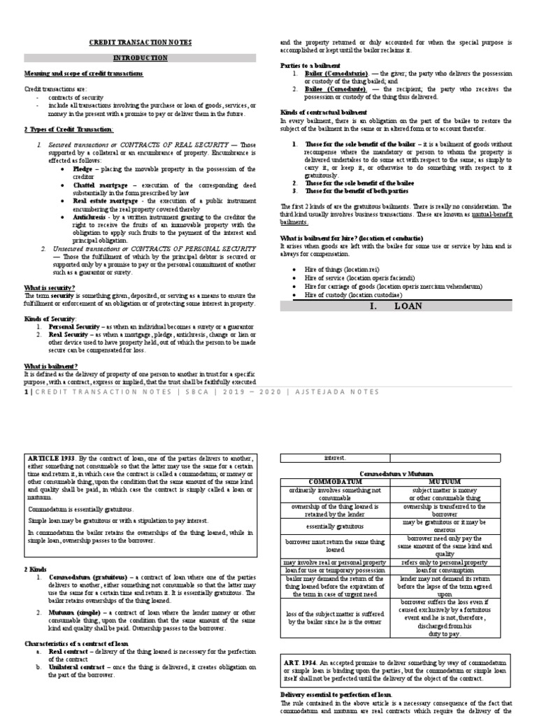 Credit Transaction Notes (Incomplete) | PDF | Loans | Usury