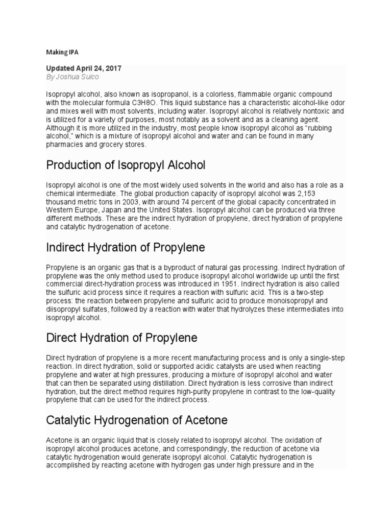 Production of Isopropyl Alcohol: by Joshua Suico | PDF | Cracking ...