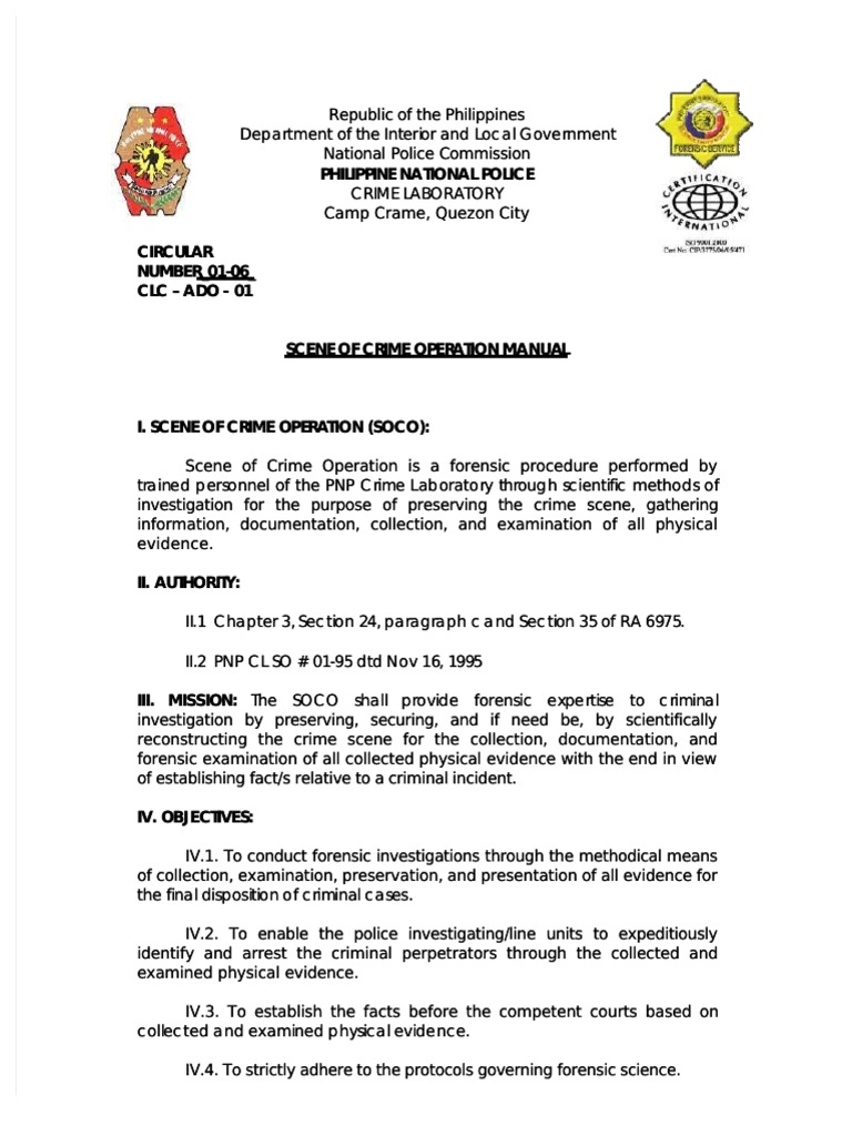 (PDF) SOCO Manual - Compress | PDF | Crime Scene | Forensic Science
