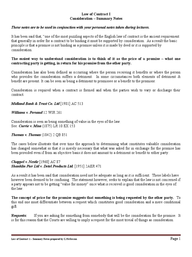 Consideration Summary Notes | PDF | Consideration | Estoppel