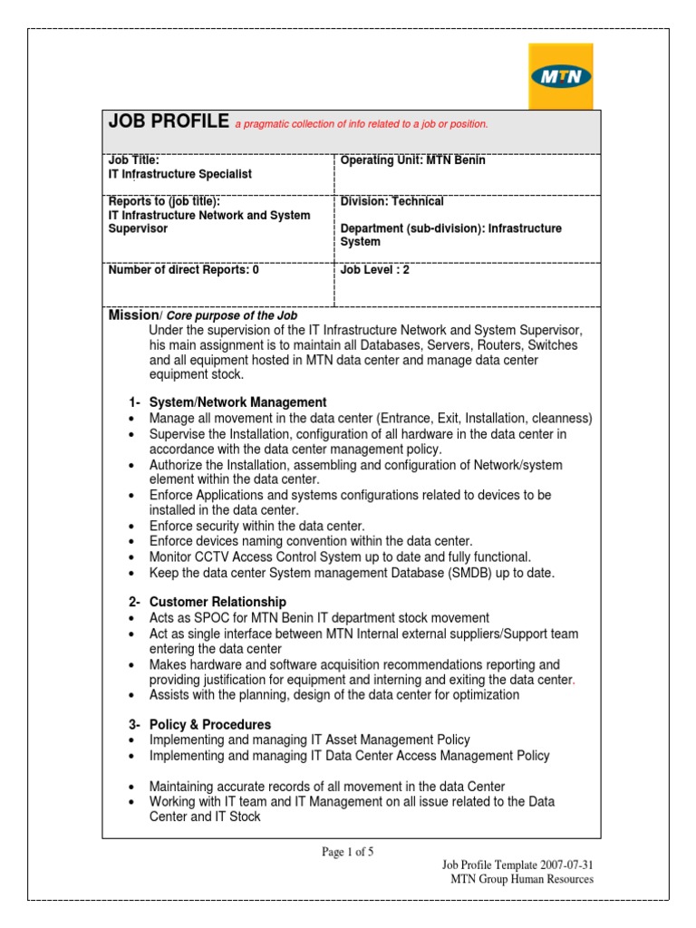 IT Infrastructure Specialist Job Descriprion | PDF | Data Center ...