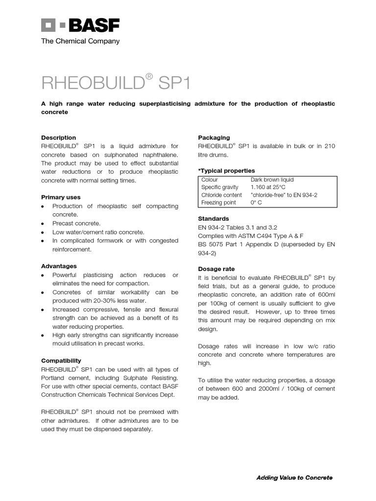 TDS - Rheobuild sp1 | PDF | Concrete | Materials