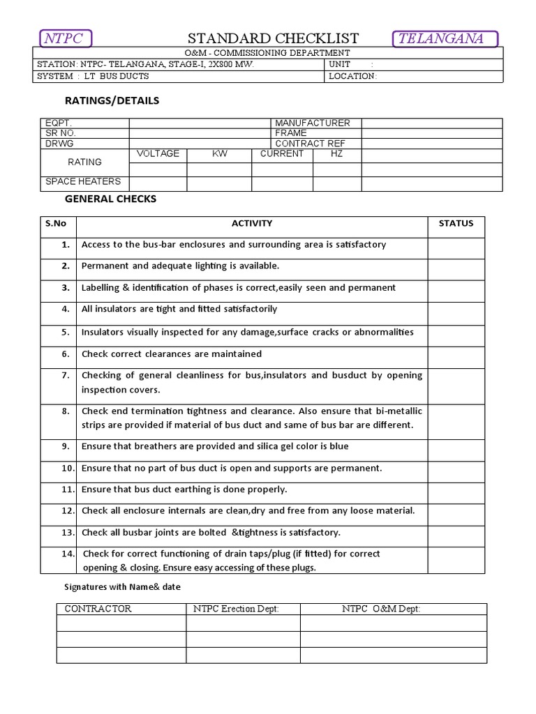 NTPC Telangana: Standard Checklist | PDF | Duct (Flow) | Building ...