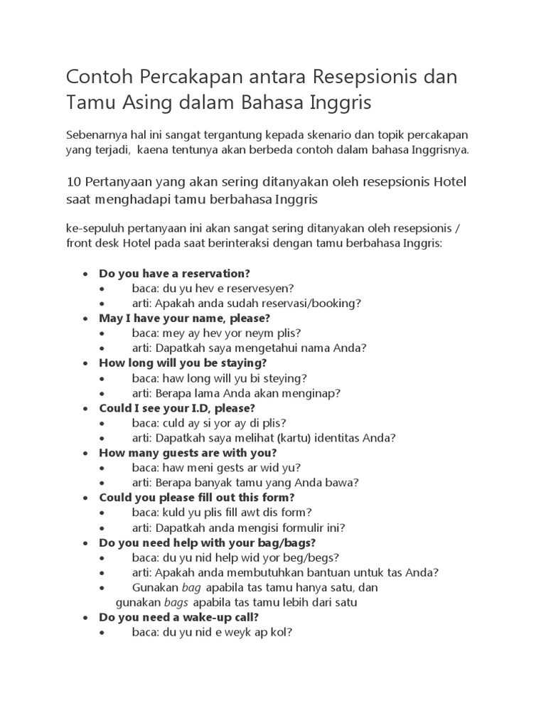Contoh Percakapan Antara Resepsionis Dan Tamu Asing | PDF