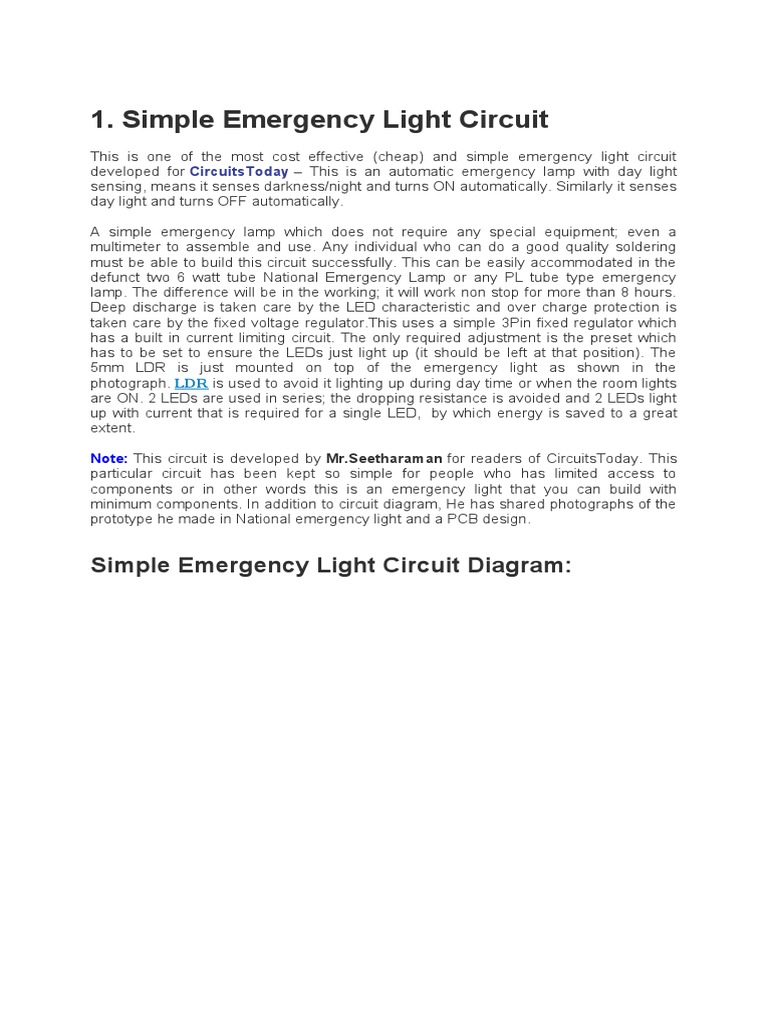 Simple Emergency Light Circuit Diagram | PDF | Amplifier | Electronic ...