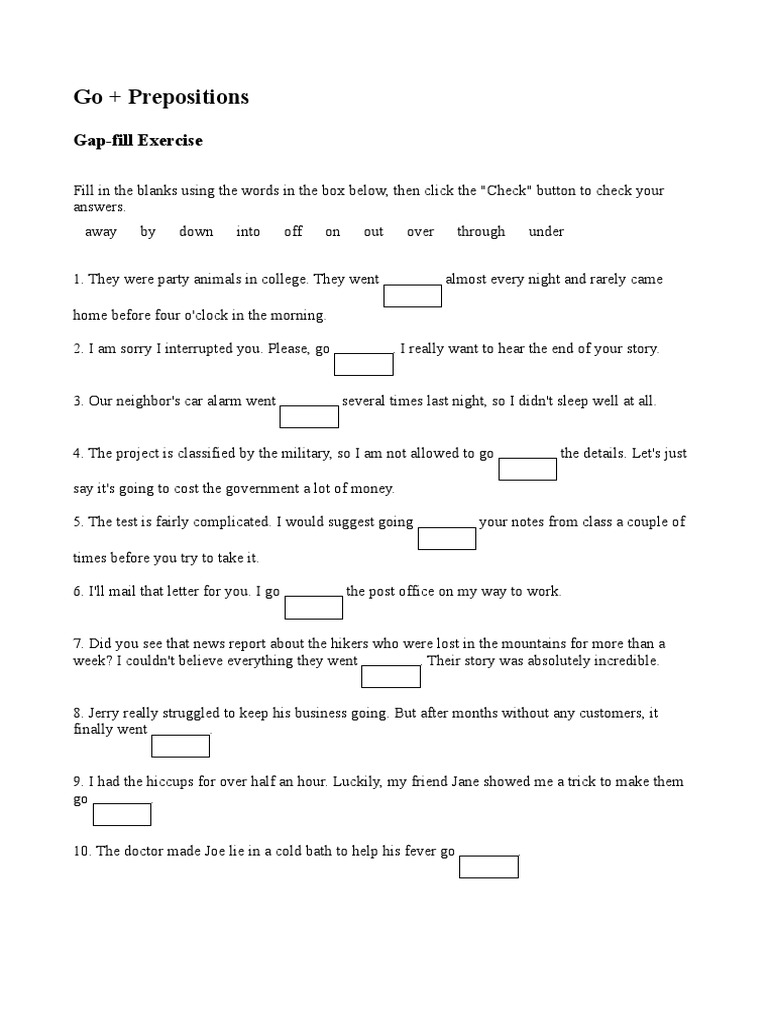 Go + Prepositions: Gap-Fill Exercise | PDF