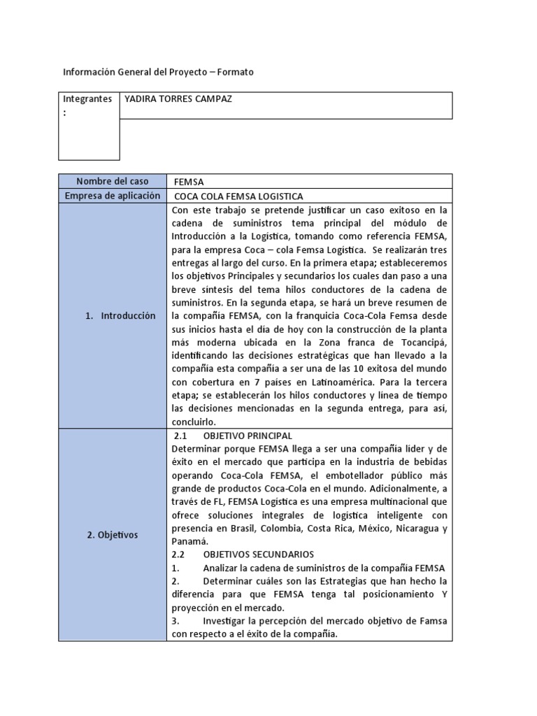 Información General Del Proyecto - FEMSA LOGISTICA-2 | PDF | Logística ...