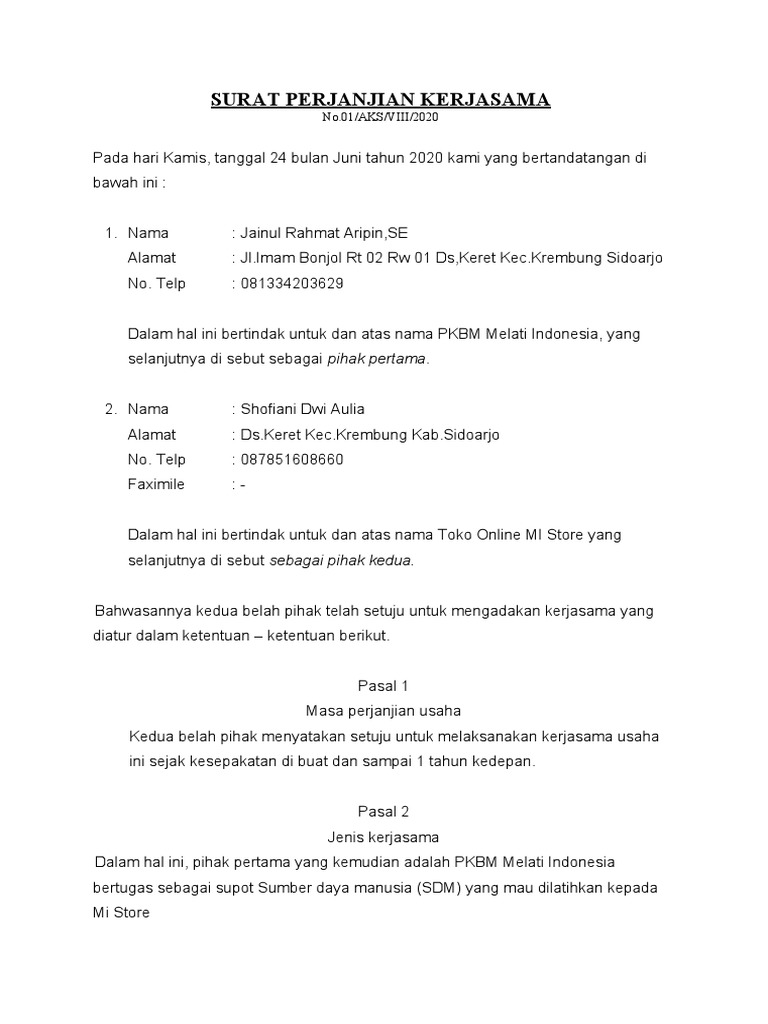 Contoh Surat Perjanjian Kerja Sama Usaha | PDF
