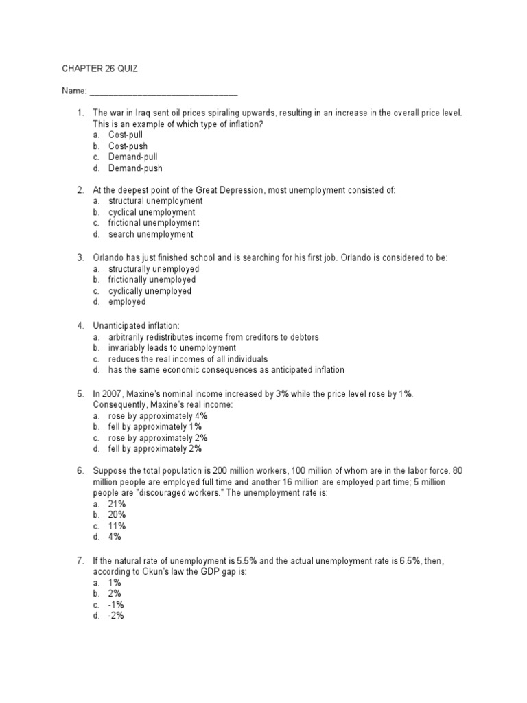 Chapter 26 Quiz | PDF | Unemployment | Social Science
