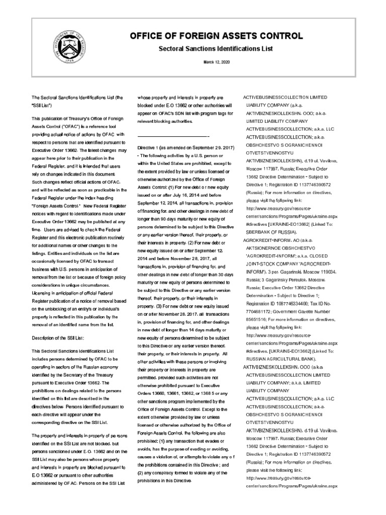 Office of Foreign Assets Control: Sectoral Sanctions Identifications ...