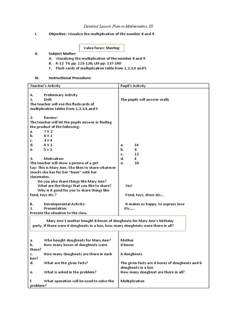 Detailed Lesson Plan in Mathematics III | PDF | Multiplication | Pedagogy