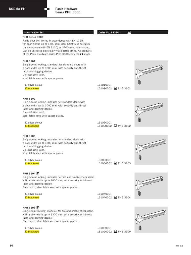 DORMA PHB 3000 Panic Hardware Specs | PDF | Door | Components