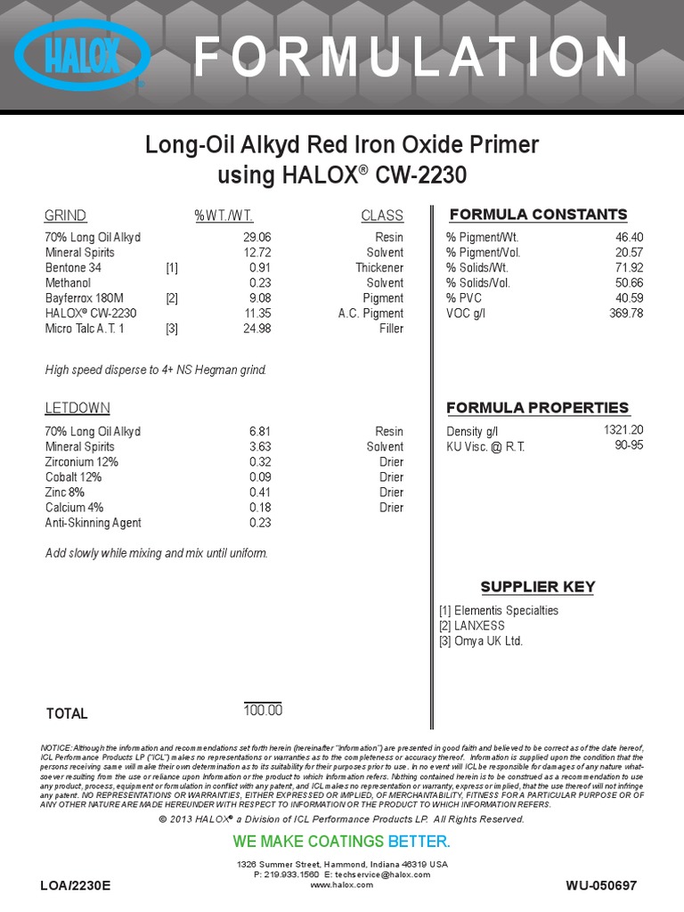 Formulation: Long-Oil Alkyd Red Iron Oxide Primer Using HALOX CW-2230 ...