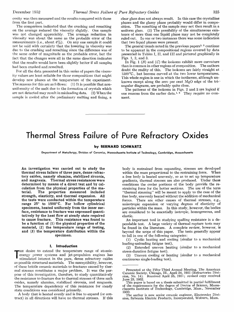 1952-Schwartz-Thermal Stress Failure of Pure Refractory Oxides | PDF ...