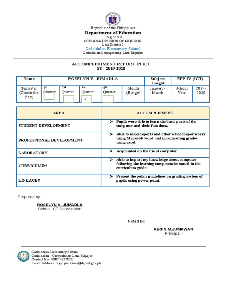 Accomplishment Report in ICT | PDF | Cognition | Behavior Modification