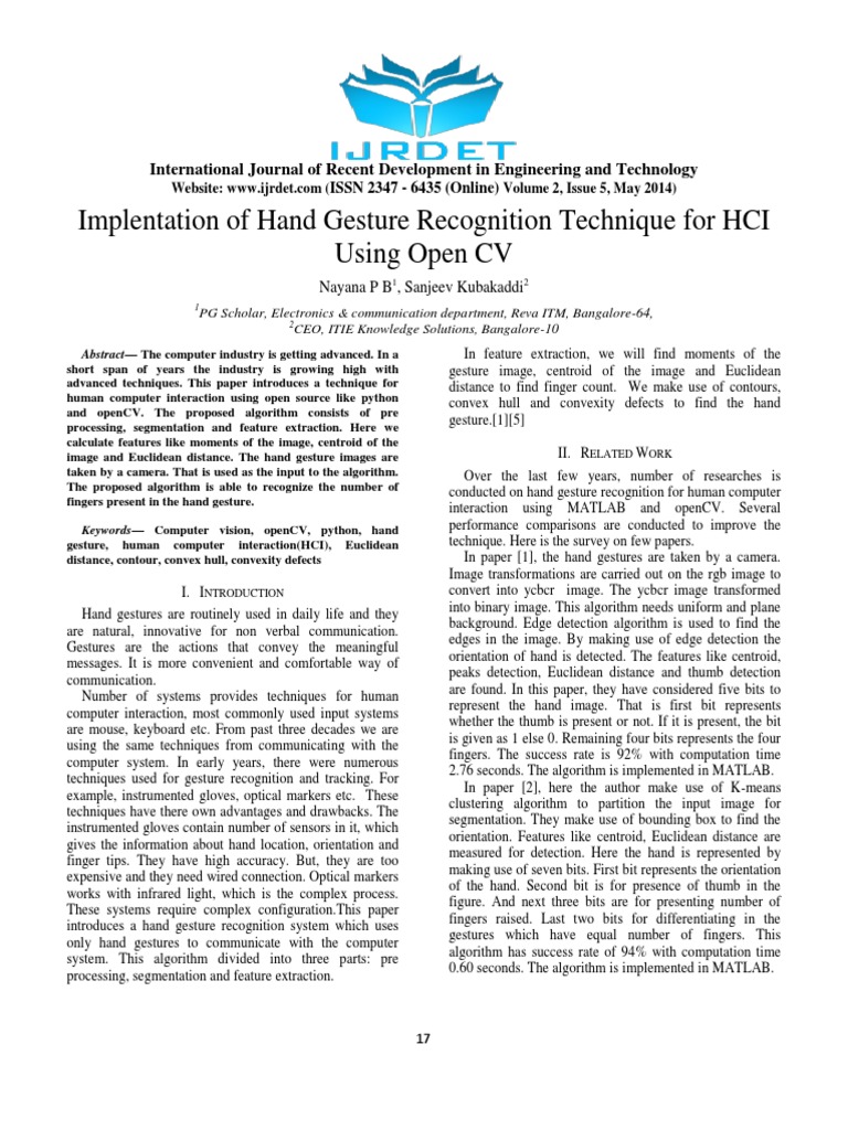 Implentation of Hand Gesture Recognition Technique For HCI Using Open CV | PDF | Image ...