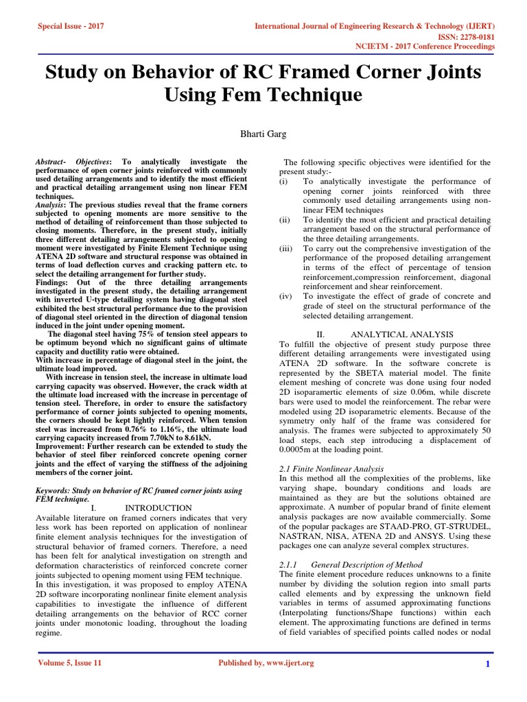Study On Behavior of RC Framed Corner Joints Using Fem Technique | PDF | Strength Of Materials ...