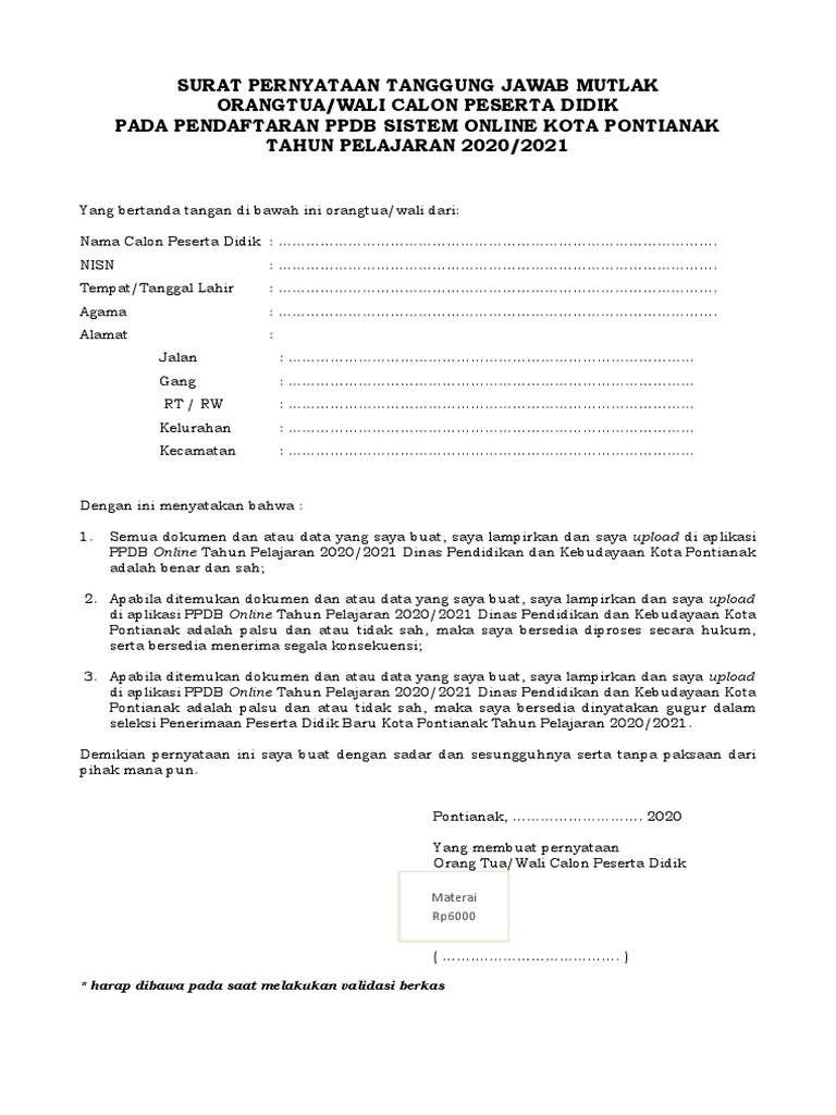 Fix Surat-Pernyataan-Ppdb Tahun 2020 | PDF