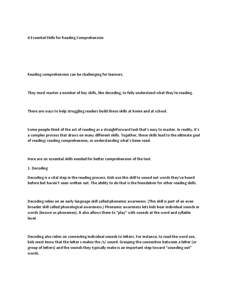 6 Essential Skills For Reading Comprehension | PDF | Fluency | Reading ...