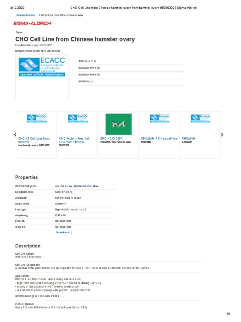 CHO Cell Line From Chinese Hamster Ovary: Properties | PDF | Cell ...