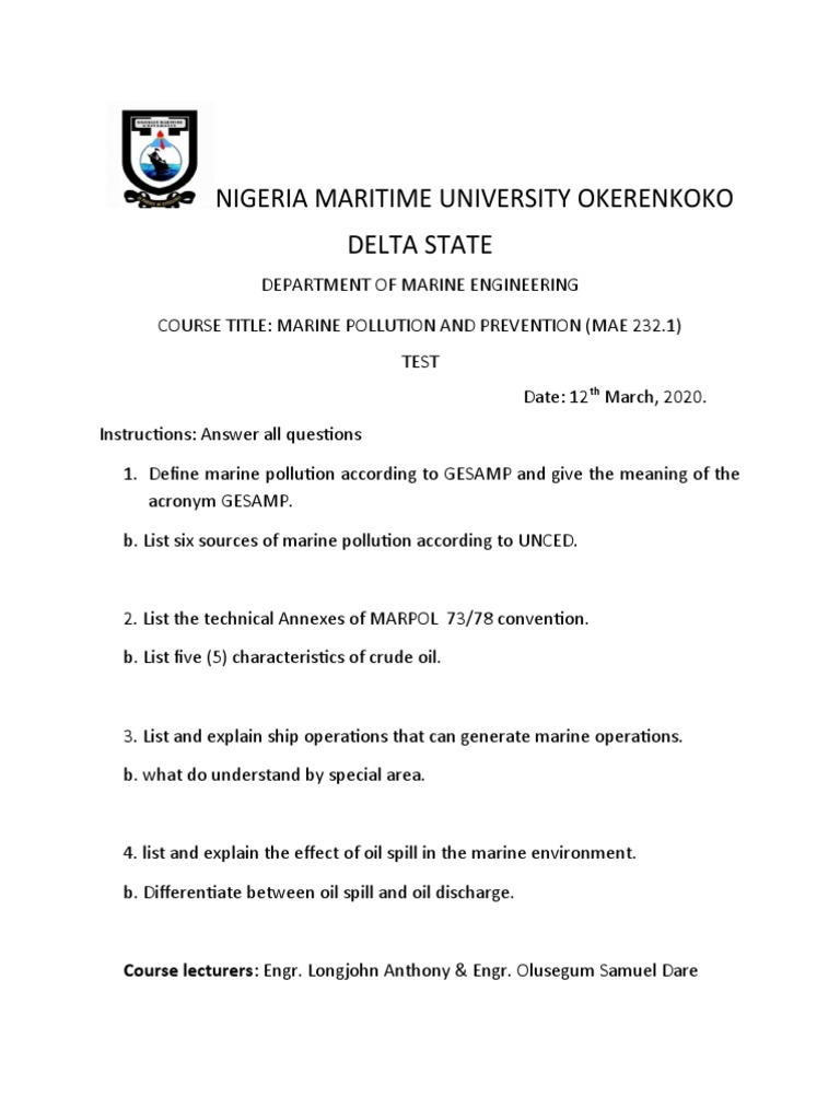 Marine Pollution & Prevention Test | PDF