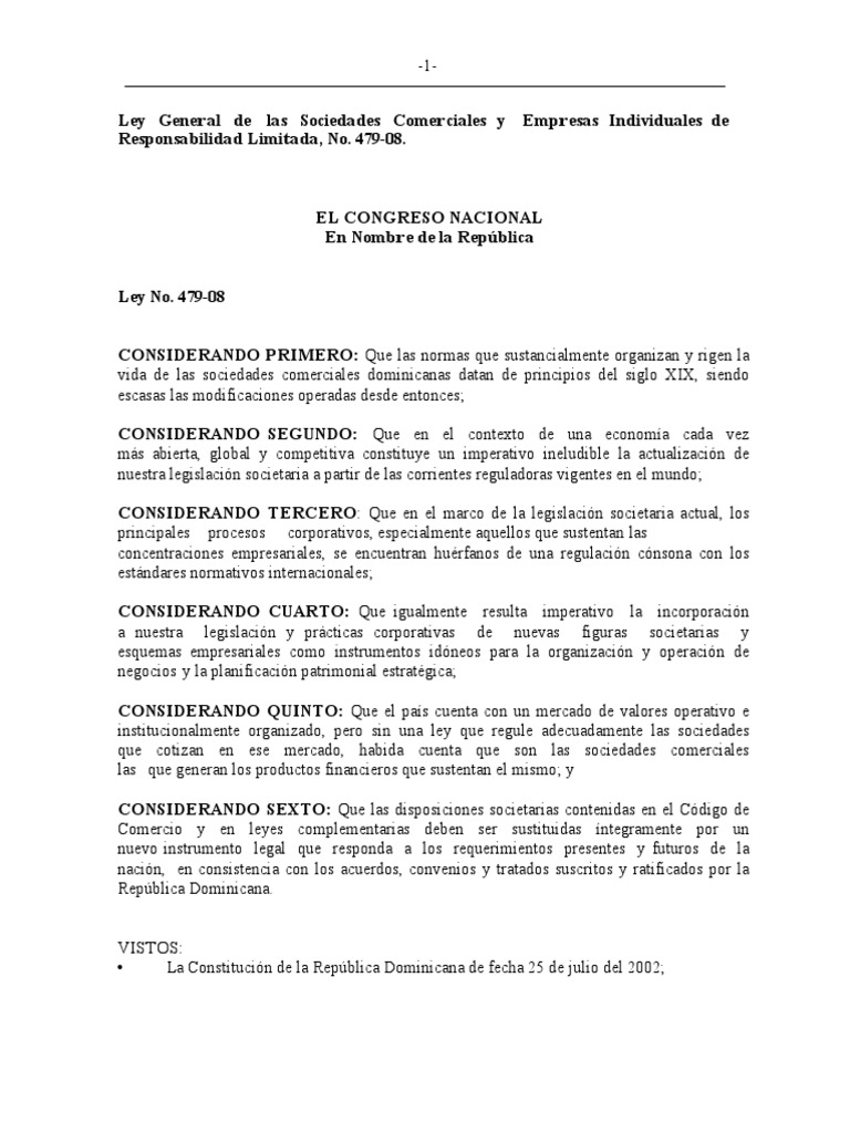 Ley 479-08 | PDF | Sociedad de responsabilidad limitada | Conceptos legales