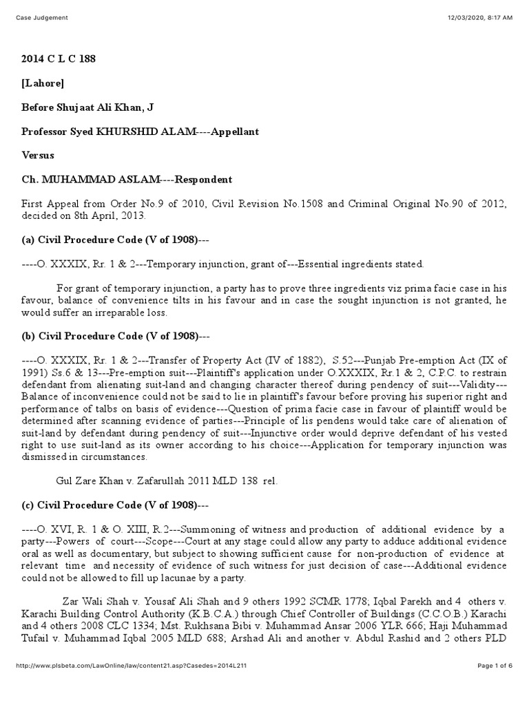 Case Law Co Sharer Injunction Mushtaq PDF | PDF | Lawsuit | Appeal