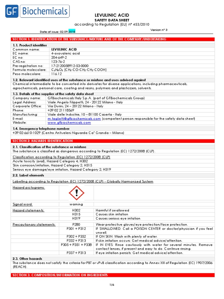 Levulinic Acid MSDS | PDF | Dangerous Goods | Personal Protective Equipment
