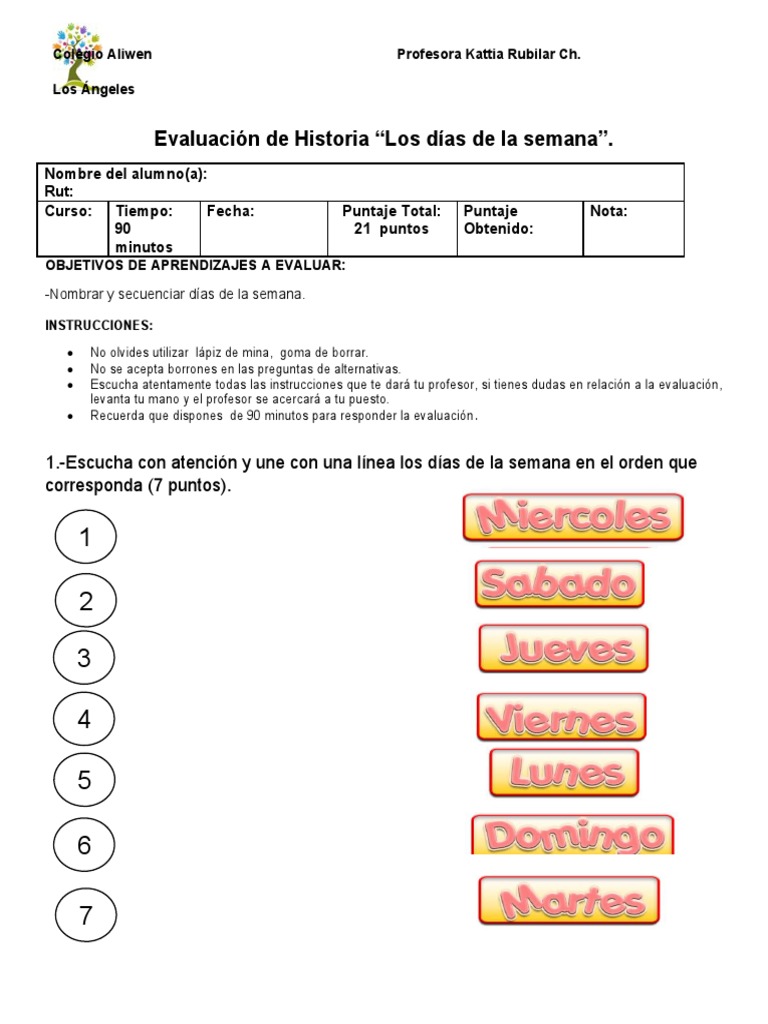 Evaluación de Historia DIAS DE LA SEMANA | PDF