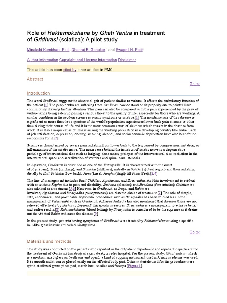 Role of Raktamokshana by Ghati Yantra in Treatment of Gridhrasi ...