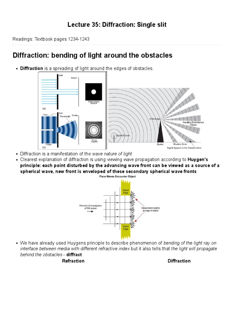 Diffraction: Bending of Light Around The Obstacles: Lecture 35: Diffraction: Single Slit | PDF ...