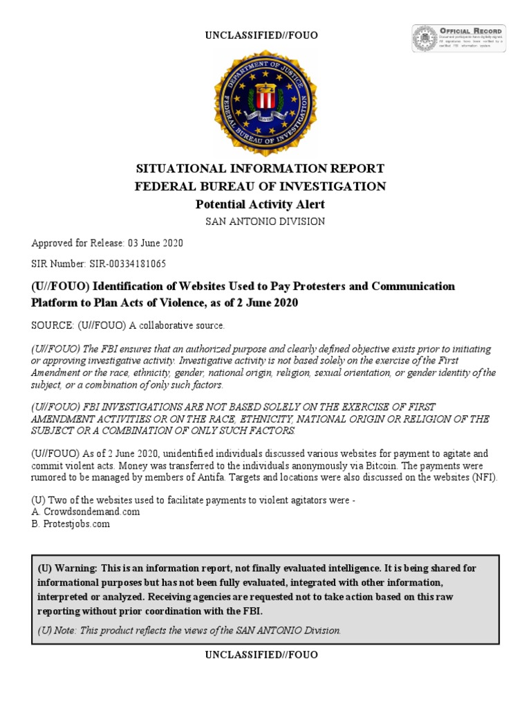 FBI (FOUO) Identification of Websites Used To Pay Protestors and ...