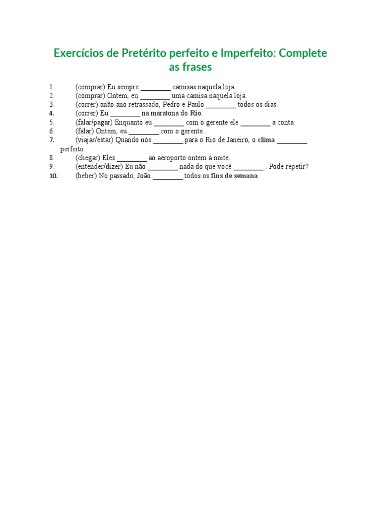 Exercícios de Pretérito Perfeito e Imperfeito | PDF