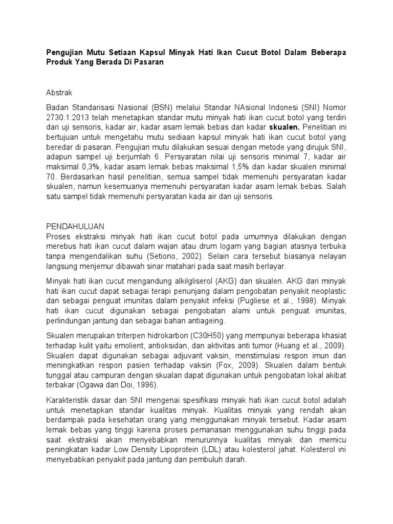 Pengujian Mutu Setiaan Kapsul Minyak Hati Ikan Cucut Botol Dalam ...