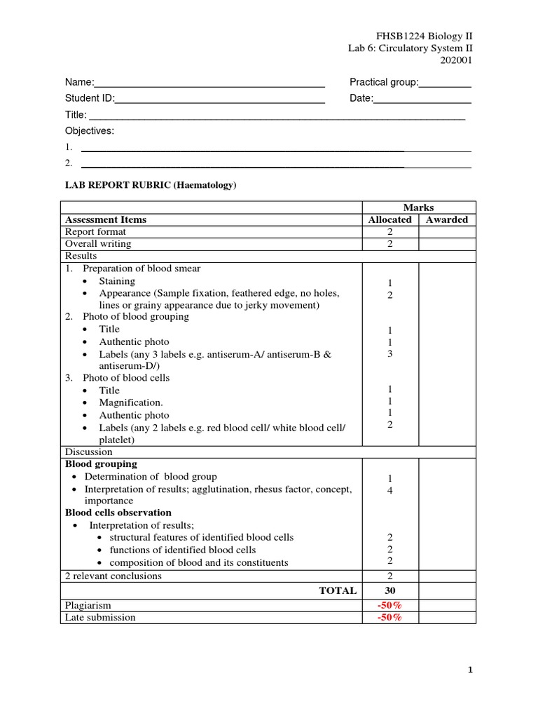 Marks Assessment Items Allocated Awarded: LAB REPORT RUBRIC ...