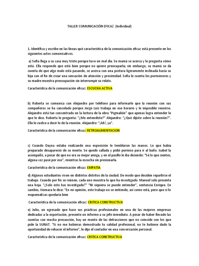 Taller de Comunicacion Eficaz. Individual | PDF
